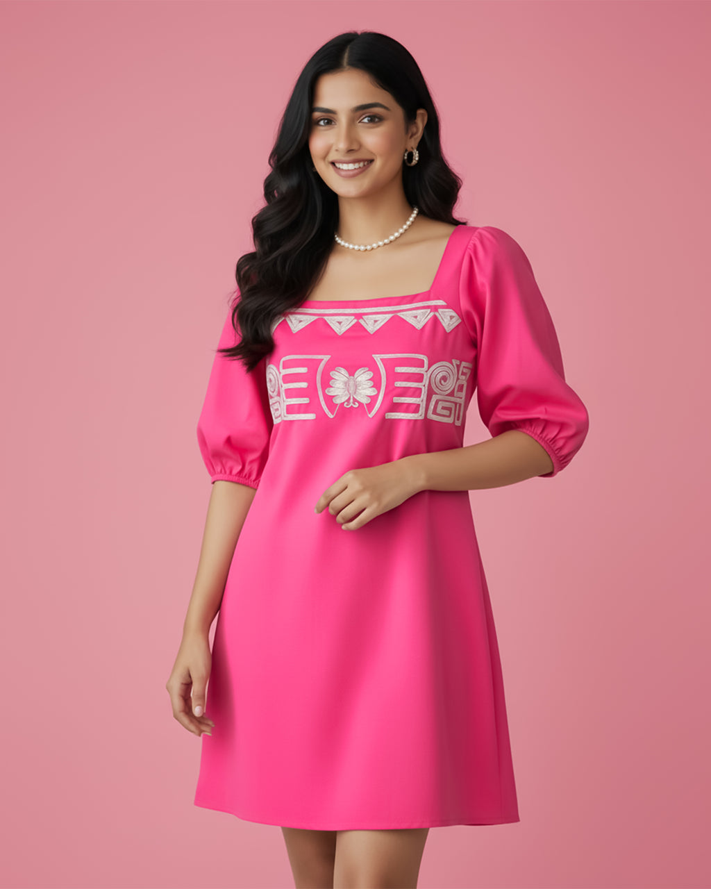 Hot Raspberry Pink Embroidered A-Line Dress – SIOMIO